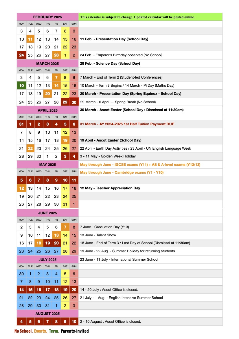 School Calendar – Ascot International School Japan